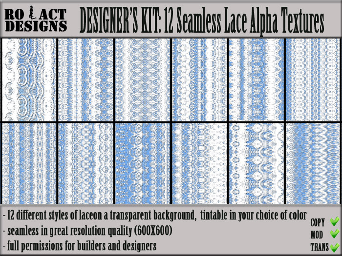 Second Life Marketplace - ..::RO!ACT::..DESIGNS 12 Seamless Lace Alpha ...